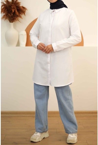 İmaj Butik Gizli Patlı Düğmeli Düz Tunik Gömlek / Beyaz