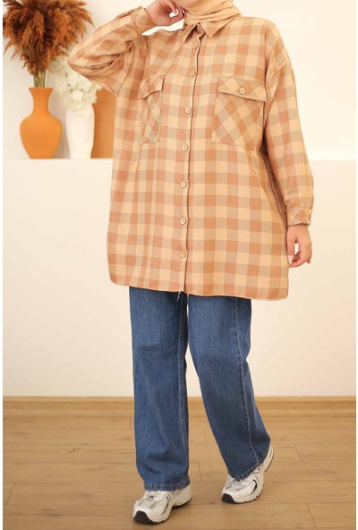 İmaj Butik Ön Cep Detaylı Kare Desenli Gömlek / Camel İmaj Butik Ön Cep Detaylı Kare Desenli Gömlek / Camel