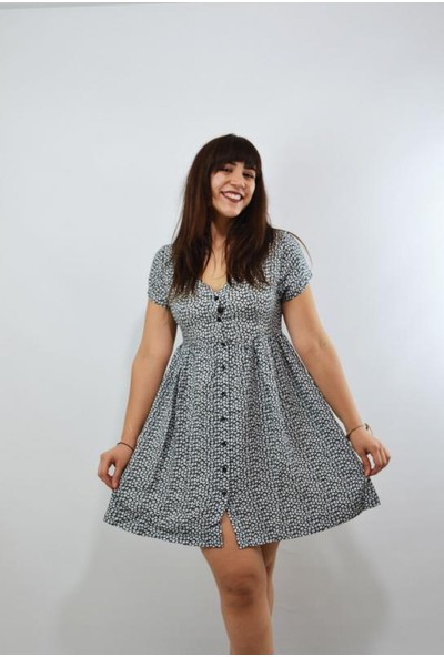 Derbars Kadın Desenli Çok Renkli Elbise Beyaz