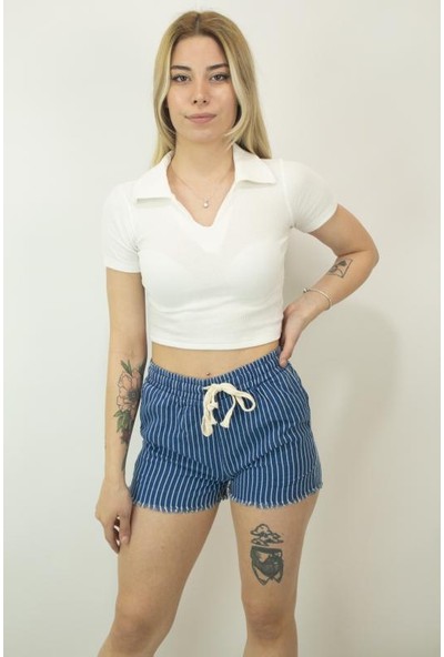 Derbars Kadın Çizgil Şort Mavi