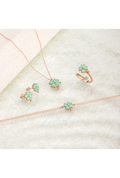 Ravza Gümüş 925 Ayar Gümüş Yeşil Taşlı Yonca Takı Seti