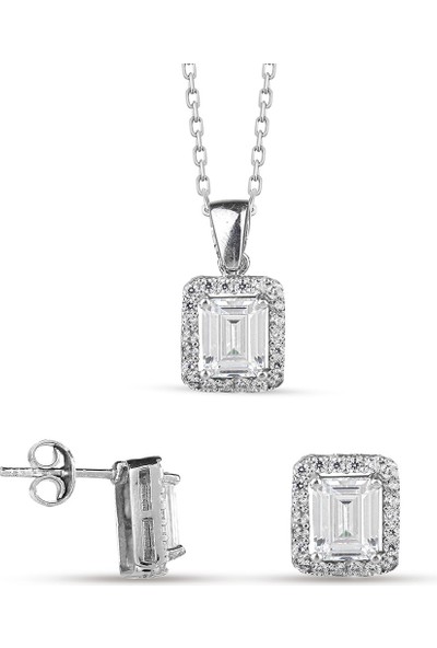 Ravza Gümüş 925 Ayar Gümüş Baget Taşlı Kolye Küpe Kombin