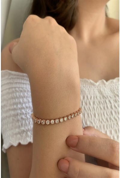 Asurlu 925 Ayar Beyaz Taşlı Rose Asansör Bayan Bileklik