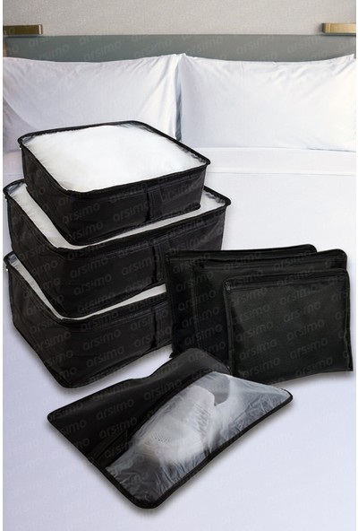Arsimo Lüks 7 Parça Bavul Dolap Eşya Düzenleyici Pencereli Organizer Set Siyah