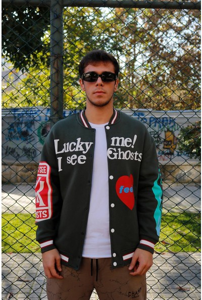 The Champ Unisex Füme Kanye West Lucky Me Oversize Kolej Ceket The Champ Unisex Füme Kanye West Lucky Me Oversize Kolej Ceket