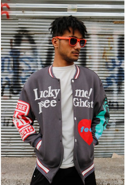 The Champ Unisex Gri Kanye West Lucky Me Oversize Kolej Ceket The Champ Unisex Gri Kanye West Lucky Me Oversize Kolej Ceket