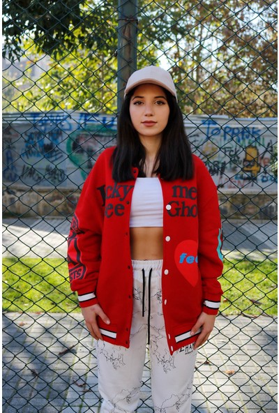 The Champ Unisex Kırmızı Kanye West Lucky Me Oversize Kolej Ceket The Champ Unisex Kırmızı Kanye West Lucky Me Oversize Kolej Ceket