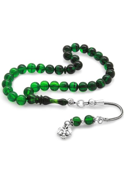 Tesbihane 925 Ayar Gümüş Püsküllü Küre Kesim Bilek Boy Süzme Yeşil-Siyah Ateş Kehribar Tesbih