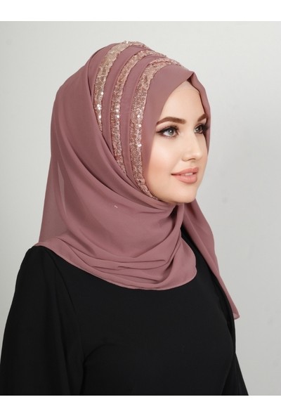 Yasmin She Payetli Modern Şal Hazır Türban Gül Kurusu Renk Yasmin She Payetli Modern Şal Hazır Türban Gül Kurusu Renk