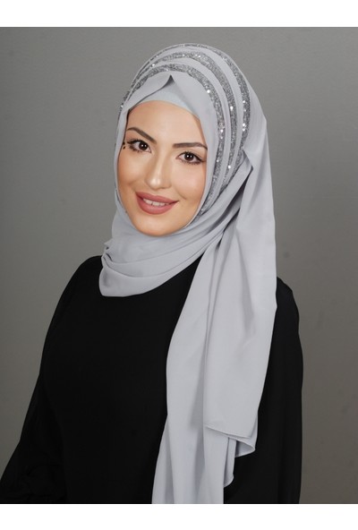 Yasmin She Payetli Modern Şal Hazır Türban Gri Renk Yasmin She Payetli Modern Şal Hazır Türban Gri Renk