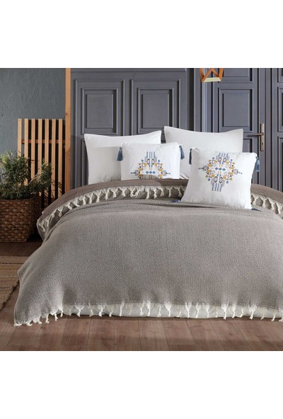 Elart Saçaklı Pamuk Pike Çift Kişilik Rima Antrasit (200X235CM)