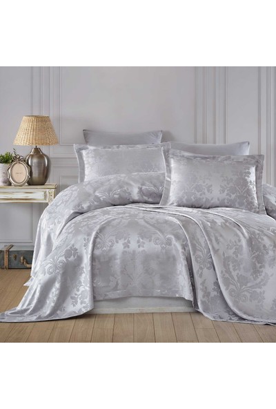 Elart Yatak Örtüsü Takımı Çift Kişilik Şönil Kumaş Vintage Gümüş