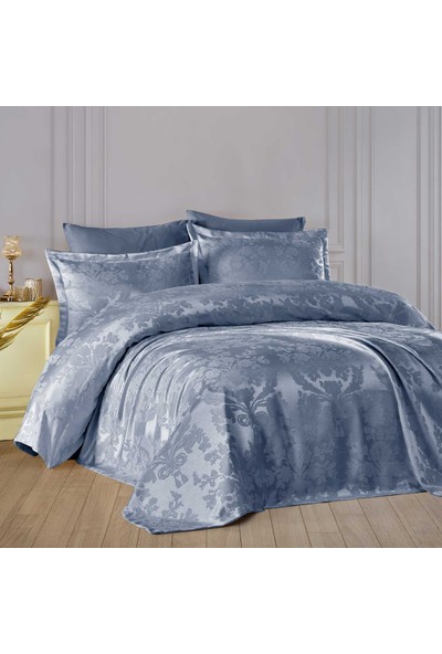 Elart Yatak Örtüsü Takımı Çift Kişilik Şönil Kumaş Vintage Mavi