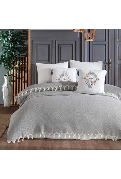 Elart Saçaklı Pamuk Pike Çift Kişilik Rima Gri (200X235CM)