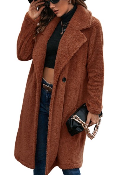 Maoli Fashion World Kadın Uzun Peluş Mont - Kahverengi (Yurt Dışından)