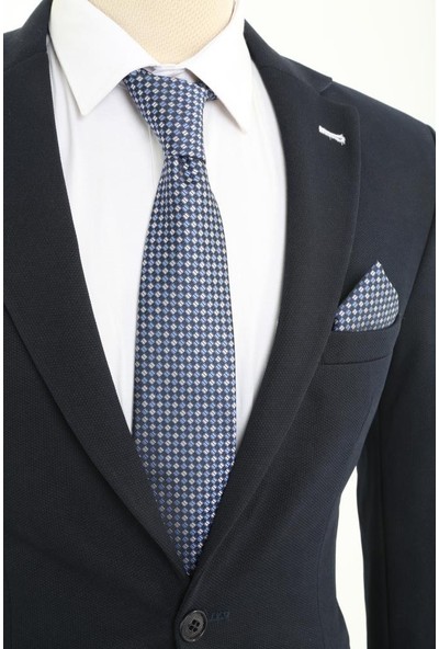 Brianze Mavi Beyaz Lacivert Desenli Mendilli Kravat
