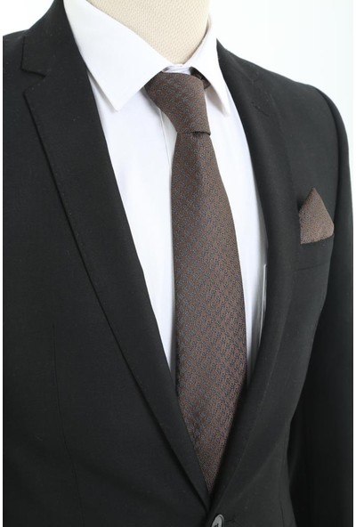 Brianze Kahverengi Desenli Mendilli Kravat