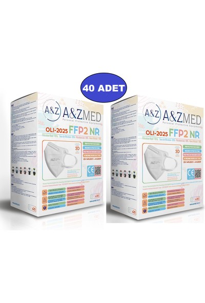 A&Z Med Ffp2 N95 Çocuk Maskesi Telli ve Tek Tek Paketli 40 Adetlik 1 Kutu - Beyaz