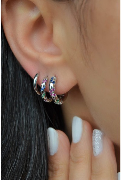 Sacce Scarves&Accessories Renkli Zirkon Taşlı Halka 3'lü Set Küpe Gümüş Renk