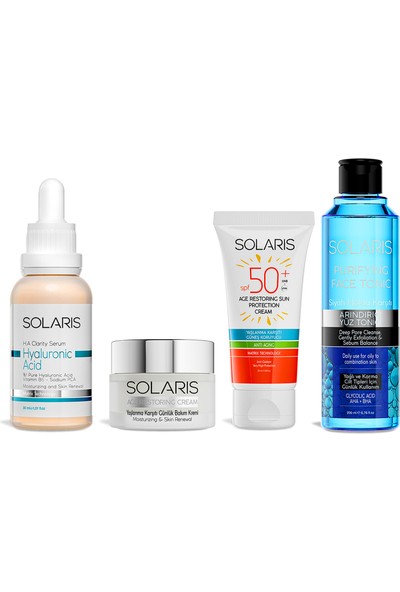 Solaris Hyaluronic Acid Serum 30 ml ve Yaşlanma Karşıtı Bakım Kremi 50 ml ve Yaşlanma Karşıtı Güneş Krem 50 ml ve Tonik 200 ml