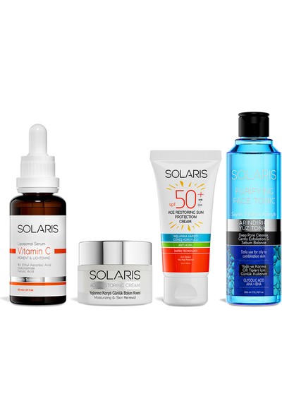 Solaris C Serum 30 ml ve Yaşlanma Karşıtı Bakım Kremi 50 ml ve Yaşlanma Karşıtı Güneş Kremi 50 ml ve Tonik 200 ml Solaris C Serum 30 ml ve Yaşlanma Karşıtı Bakım Kremi 50 ml ve Yaşlanma Karşıtı Güneş Kremi 50 ml ve Tonik 200 ml
