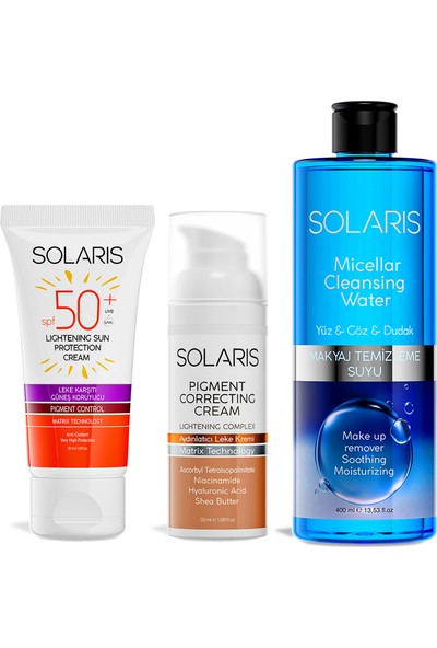Solaris Leke Karşıtı Güneş Koruyucu Krem 50 ml ve Aytınlatıcı Leke Kremi 50 ml ve Makyaj Temizleme Suyu 400 ml