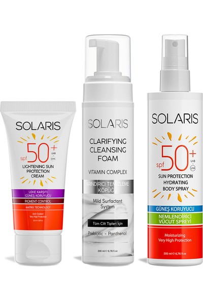 Solaris Güneş Koruyucu Sprey 200 ml ve Leke Karşıtı Güneş Koruyucu Krem 50 ml ve Yüz Temizleme Köpüğü 200 ml Solaris Güneş Koruyucu Sprey 200 ml ve Leke Karşıtı Güneş Koruyucu Krem 50 ml ve Yüz Temizleme Köpüğü 200 ml