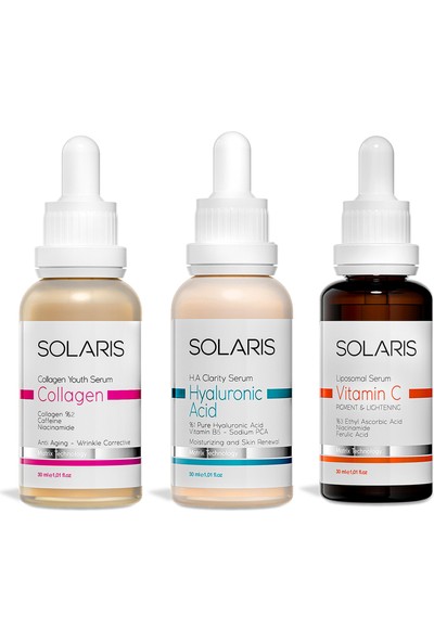Solaris Kolajen Cilt Serumu 30 ml ve Hyaluronic Acid Cilt Serumu 30 ml ve C Vitamin Cilt Serumu 30 ml Solaris Kolajen Cilt Serumu 30 ml ve Hyaluronic Acid Cilt Serumu 30 ml ve C Vitamin Cilt Serumu 30 ml