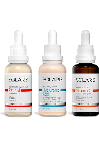 Solaris Retinol Cilt Serumu 30 ml ve Hyaluronic Acid Cilt Serumu 30 ml ve C Vitamin Cilt Serumu 30 ml