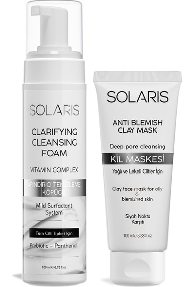 Solaris Yüz Temizleme Köpüğü Arındırıcı 200 ml ve Kil Maskesi Yağlı ve Lekeli Ciltler İçin 100 ml Solaris Yüz Temizleme Köpüğü Arındırıcı 200 ml ve Kil Maskesi Yağlı ve Lekeli Ciltler İçin 100 ml