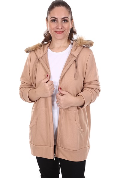 Brendon Büyük Beden Kadın Tam Fermuarlı Sweatshirt Krem/cream 21W4200O4666