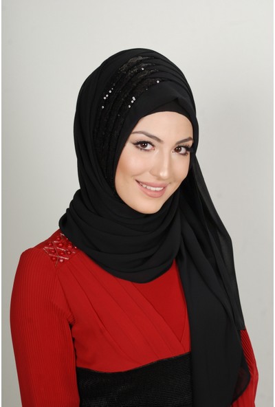 Yasmin She Tek Tarafı Payetli Modern Şal Hazır Türban Siyah Renk Yasmin She Tek Tarafı Payetli Modern Şal Hazır Türban Siyah Renk