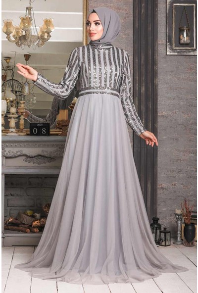 Neva Style Tesettürlü Abiye Elbise - Pul Payetli Gri Tesettür Abiye Elbise 5338GR