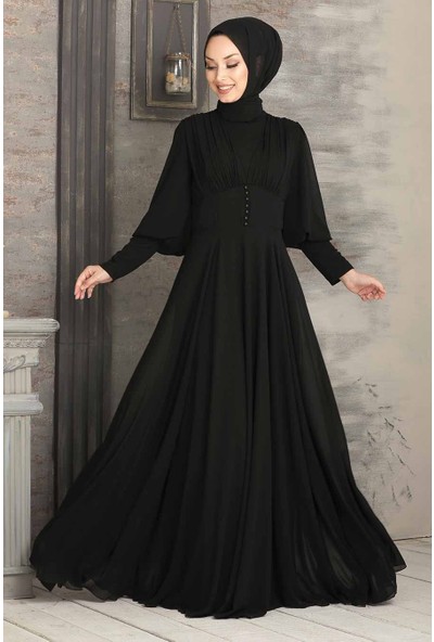 Neva Style Tesettürlü Abiye Elbise - Düğme Detaylı Siyah Tesettür Abiye Elbise 53810S