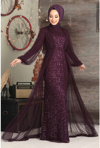 Neva Style Tesettürlü Abiye Elbise - Pul Payetli Mor Tesettür Abiye Elbise 5383MOR
