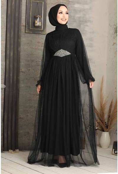 Neva Style Tesettürlü Abiye Elbise - Tüllü Siyah Tesettür Abiye Elbise 54230S