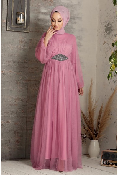 Neva Style Tesettürlü Abiye Elbise - Tüllü Gül Kurusu Tesettür Abiye Elbise 54230GK