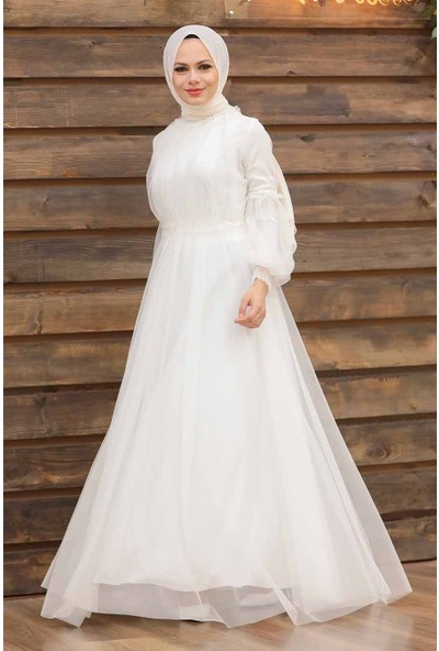 Neva Style Tesettürlü Abiye Elbise - Balon Kol Ekru Tesettür Abiye Elbise 5474E Neva Style Tesettürlü Abiye Elbise - Balon Kol Ekru Tesettür Abiye Elbise 5474E