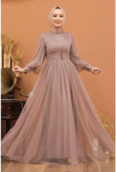 Neva Style Tesettürlü Abiye Elbise - Düğme Detaylı Vizon Tesettür Abiye Elbise 5478V