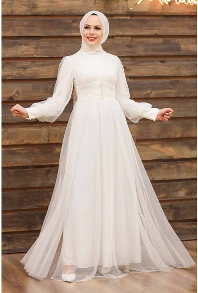 Neva Style Tesettürlü Abiye Elbise - Düğme Detaylı Ekru Tesettür Abiye Elbise 5478E