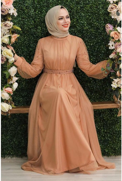 Neva Style Tesettürlü Abiye Elbise - Inci Detaylı Camel Tesettür Abiye Elbise 5514C Neva Style Tesettürlü Abiye Elbise - Inci Detaylı Camel Tesettür Abiye Elbise 5514C