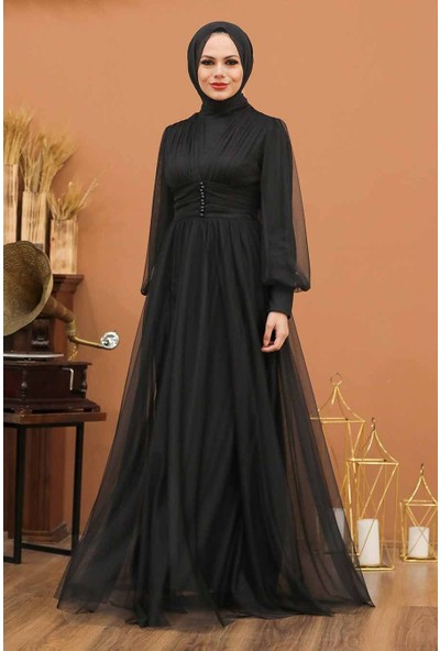 Neva Style Tesettürlü Abiye Elbise - Düğme Detaylı Siyah Tesettür Abiye Elbise 5478S