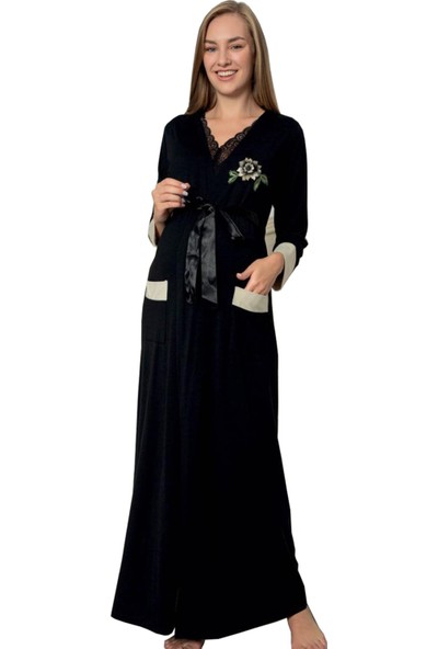 Hayal Siyah Renk Lohusa Gecelik Takım JNK-49225 Sabahlıklı 2 Li Hamile Geceliği