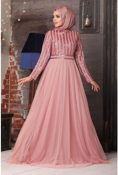 Neva Style Tesettürlü Abiye Elbise - Pul Payetli Somon Tesettür Abiye Elbise 5338SMN
