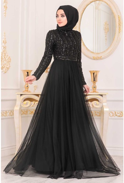 Neva Style Tesettürlü Abiye Elbise - Pul Payetli Siyah Tesettür Abiye Elbise 5338S