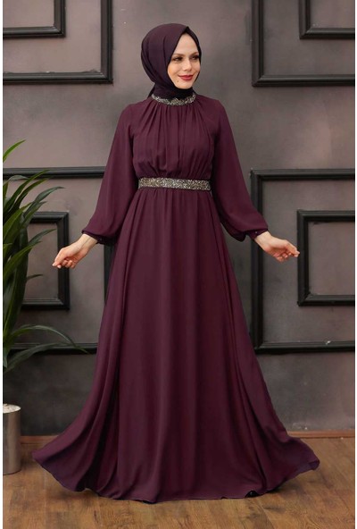 Neva Style Tesettürlü Abiye Elbise - Balon Kol Mürdüm Tesettür Abiye Elbise 5339MU Neva Style Tesettürlü Abiye Elbise - Balon Kol Mürdüm Tesettür Abiye Elbise 5339MU