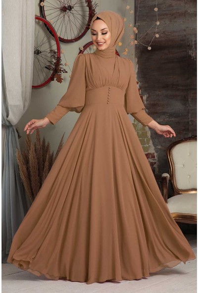 Neva Style Tesettürlü Abiye Elbise - Düğme Detaylı Taba Tesettür Abiye Elbise 53810TB Neva Style Tesettürlü Abiye Elbise - Düğme Detaylı Taba Tesettür Abiye Elbise 53810TB