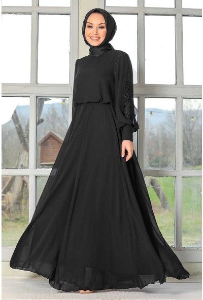 Neva Style Tesettürlü Abiye Elbise - Kolları Dantelli Siyah Tesettür Abiye Elbise 54030S Neva Style Tesettürlü Abiye Elbise - Kolları Dantelli Siyah Tesettür Abiye Elbise 54030S