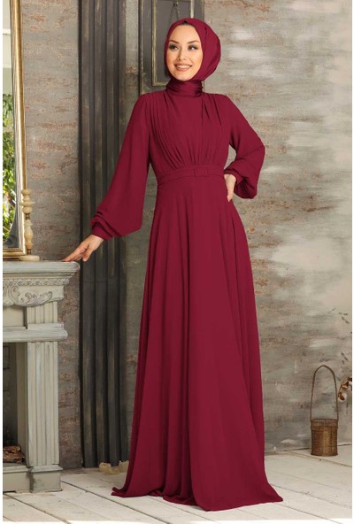 Neva Style Tesettürlü Abiye Elbise - Kemerli Bordo Tesettür Abiye Elbise 5422BR Neva Style Tesettürlü Abiye Elbise - Kemerli Bordo Tesettür Abiye Elbise 5422BR