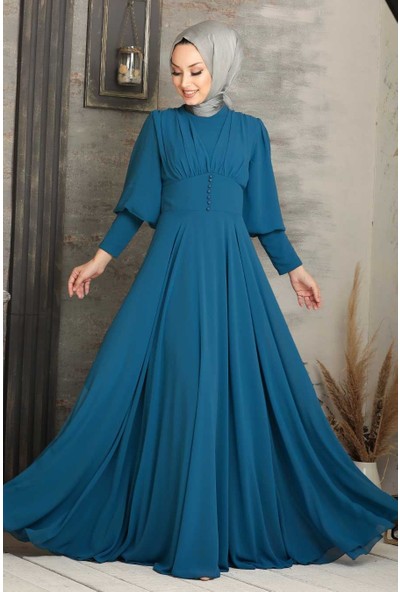 Neva Style Tesettürlü Abiye Elbise - Düğme Detaylı Petrol Mavisi Tesettür Abiye Elbise 53810PM Neva Style Tesettürlü Abiye Elbise - Düğme Detaylı Petrol Mavisi Tesettür Abiye Elbise 53810PM